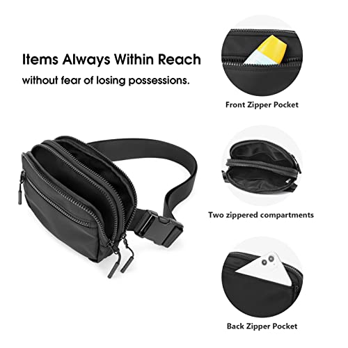 WESTBRONCO Fanny Packs for Women Men, Belt Bag with 4 Zipper Pockets, Fashion Waist Packs, Lightweight Crossbody Bags with Adjustable Strap for Workout/Running/Hiking (Black)