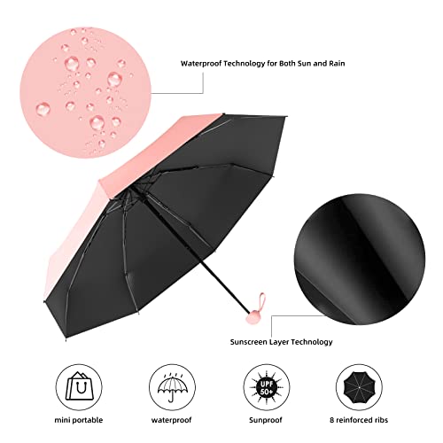 Trenovo Travel Umbrella - Mini Folding Compact Umbrella with Case, 8 Ribs Lightweight Portable Umbrella, Small Sun & Rain Pocket Umbrella for Girls and Women - Pink