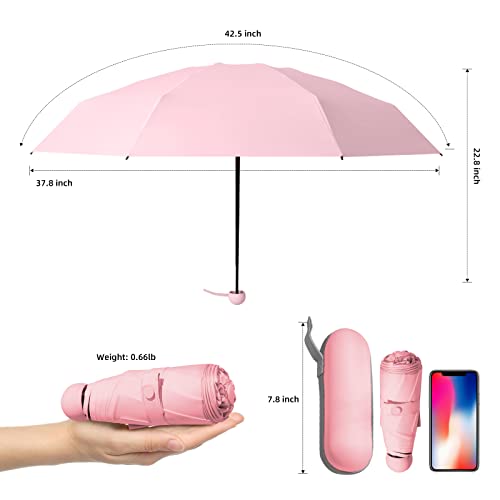 Trenovo Travel Umbrella - Mini Folding Compact Umbrella with Case, 8 Ribs Lightweight Portable Umbrella, Small Sun & Rain Pocket Umbrella for Girls and Women - Pink