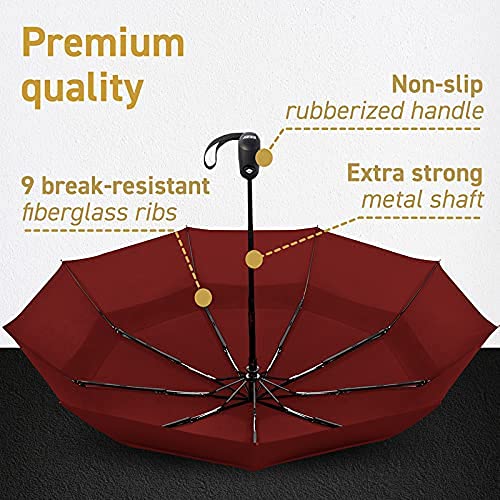 EEZ-Y Travel Umbrellas for Rain - Wind Resistant w/Open Close Button - Marsala