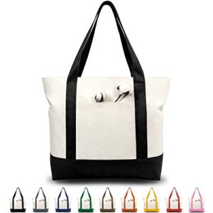 topdesign 1 | 3 | 6 | 30 pack stylish canvas tote bag with an external pocket, top zipper closure, daily essentials (black/natural pack of 1)