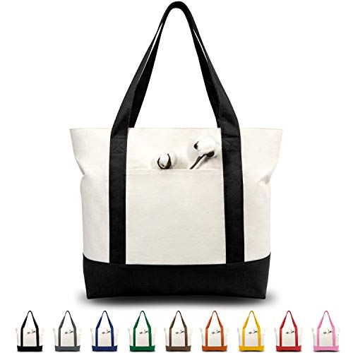 TOPDesign 1 | 3 | 6 | 30 Pack Stylish Canvas Tote Bag with an External Pocket, Top Zipper Closure, Daily Essentials (Black/Natural Pack of 1)