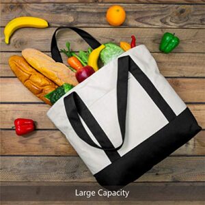 TOPDesign 1 | 3 | 6 | 30 Pack Stylish Canvas Tote Bag with an External Pocket, Top Zipper Closure, Daily Essentials (Black/Natural Pack of 1)