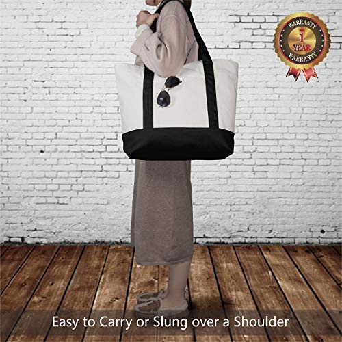 TOPDesign 1 | 3 | 6 | 30 Pack Stylish Canvas Tote Bag with an External Pocket, Top Zipper Closure, Daily Essentials (Black/Natural Pack of 1)