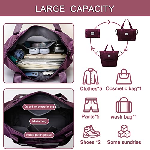 Foldie Travel Bag Expandable Tote Bag for Travel Large Capacity Travel Bag Lightweight Weekender Bag Dry And Wet Separation Folding Travel Bag for Gym, Travel, Vacation(Fuchsia)