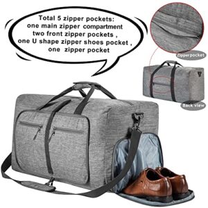 Travel Duffle Bag for Men, 65L Foldable Travel Duffel Bag with Shoes Compartment Overnight Bag for Men Women Waterproof & Tear Resistant (Gray)