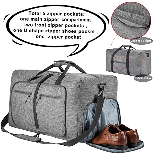 Travel Duffle Bag for Men, 65L Foldable Travel Duffel Bag with Shoes Compartment Overnight Bag for Men Women Waterproof & Tear Resistant (Gray)