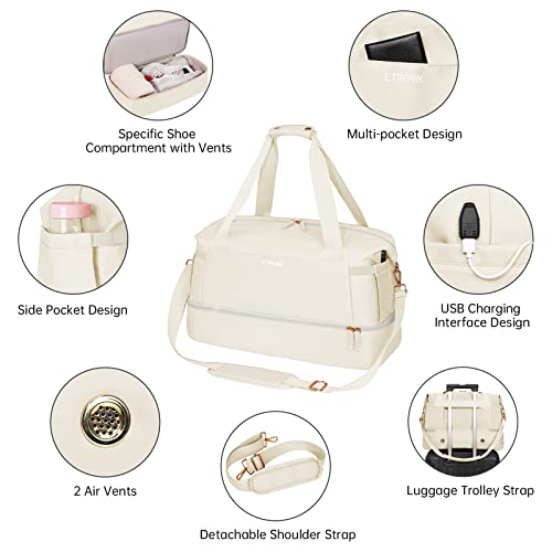 Gym Bag for Women, Sports Travel Duffel Bag with USB Charging Port, Weekender Overnight Bag with Wet Pocket and Shoes Compartment for Women Girls Travel, Gym, Yoga, School (Off White)