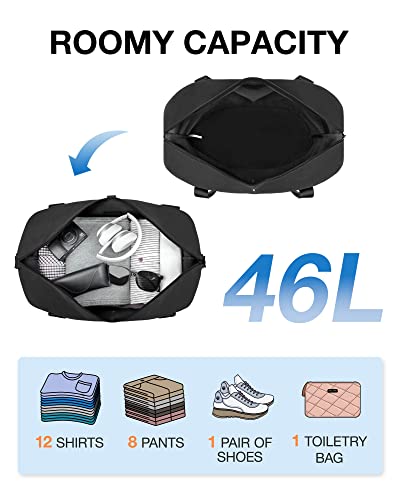 Foldable Travel Bag, BAGSMART 46L Large Duffle Bag for Women, Gym Bag Carry On Weekender Overnight Bag for Travel Accessories, Anti-wrinkle (Black)