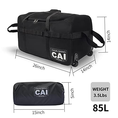 Foldable Duffle Bag with Wheels 85L/120L, Large Lightweight 1680D Oxford Duffle Luggage Bag Collapsible Waterproof Wheeled Duffle Bag for Travel Camping (26", Black)