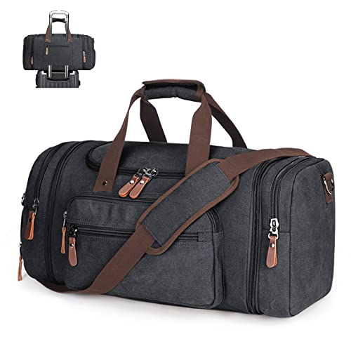 FITMYFAVO Canvas Duffle Bag (45L/55L) for Men,Expandable Capacity Travel /Overnight /Weekend Bag with Shoe Compartment (Dark Grey)