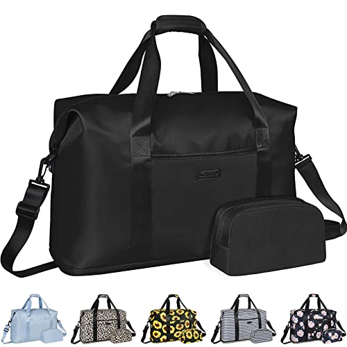 Expandable Travel Duffle Bag, Large Weekender Overnight Bags for Women Men 20.5 Inch Waterproof Carry on Shoulder Tote Bags for Hospital Maternity Mommy Gym with Toiletry Bag Black