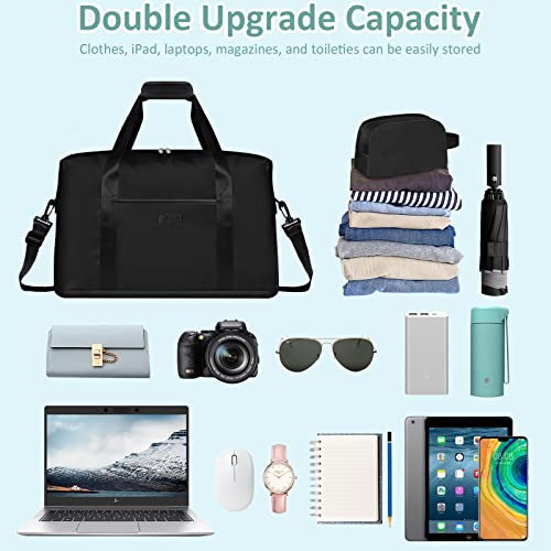 Expandable Travel Duffle Bag, Large Weekender Overnight Bags for Women Men 20.5 Inch Waterproof Carry on Shoulder Tote Bags for Hospital Maternity Mommy Gym with Toiletry Bag Black