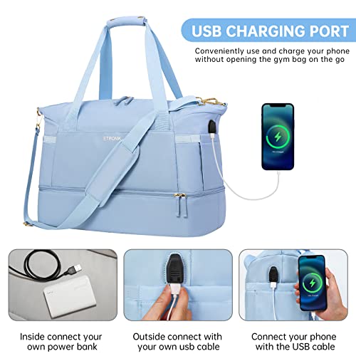 Weekender Bag for Women, Travel Bag with Shoe Compartment & USB Charging Port, Gym Bag with Wet Compartment, Overnight Duffel Bag Hospital Bag for Women Travel Sports Shopping School (Blue)