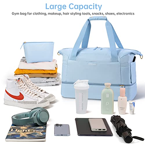 Weekender Bag for Women, Travel Bag with Shoe Compartment & USB Charging Port, Gym Bag with Wet Compartment, Overnight Duffel Bag Hospital Bag for Women Travel Sports Shopping School (Blue)