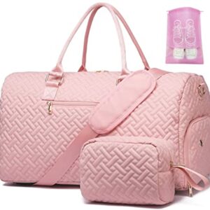 Duffle Bag for Travel, Weekender Bag with Shoe Compartment, Carry On Overnight Bag for Women with Toiletry Bag, Gym Bag with Wet Pocket, Hospital Bags for Labor and Delivery Pink