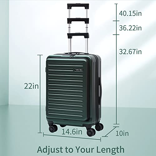 TydeCkare 20 Inch Carrry On Luggage with Front Zipper Pocket, 45L, Lightweight ABS+PC Hardshell Suitcase with TSA Lock & Spinner Silent Wheels, Convenient for Business Trips, Dark Green