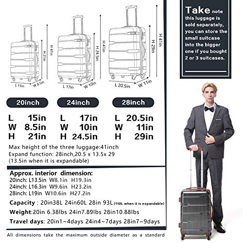 Coolife Luggage Suitcase PC+ABS Spinner Built-In TSA lock 20in 24in 28in Carry on (Caribbean Blue., S(20in_carry on))