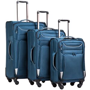 coolife luggage 3 piece set suitcase spinner softshell lightweight (blue+sliver)