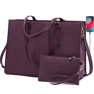 lovevook laptop bag for women, fashion computer tote bag large capacity handbag, leather shoulder bag purse set, professional business work briefcase for office lady, 2pcs, 15.6-inch, deep plum