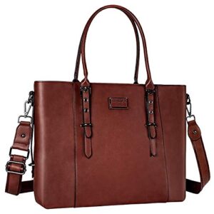 mosiso pu leather laptop tote bag for women (17-17.3 inch), brown