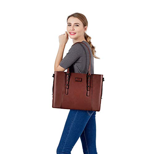 MOSISO PU Leather Laptop Tote Bag for Women (17-17.3 inch), Brown