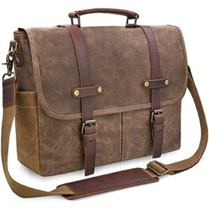 mens messenger bag 15.6 inch waterproof vintage genuine leather waxed canvas briefcase large leather computer laptop bag rugged satchel shoulder bag, brown