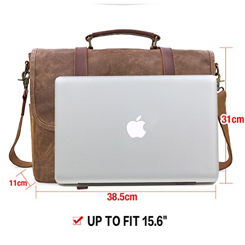 Mens Messenger Bag 15.6 Inch Waterproof Vintage Genuine Leather Waxed Canvas Briefcase Large Leather Computer Laptop Bag Rugged Satchel Shoulder Bag, Brown