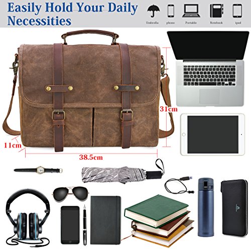 Mens Messenger Bag 15.6 Inch Waterproof Vintage Genuine Leather Waxed Canvas Briefcase Large Leather Computer Laptop Bag Rugged Satchel Shoulder Bag, Brown