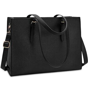 laptop bag for women waterproof lightweight leather 15.6 inch computer tote bag business office briefcase large capacity handbag shoulder bag professional office work bag black