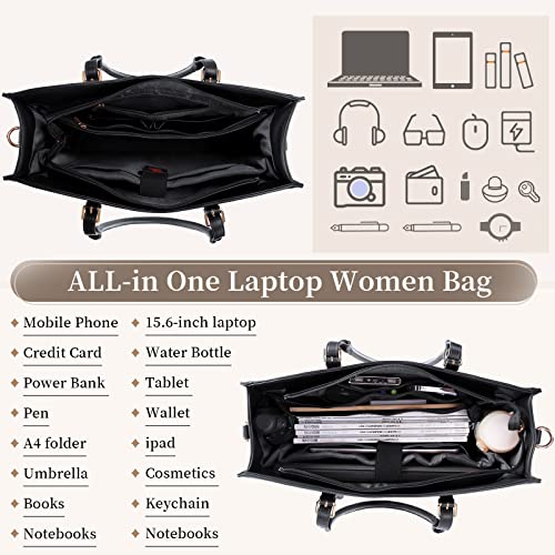 Laptop Bag for Women 15.6 inch Waterproof Laptop Tote Work Bag Leather Computer Tote Briefcase Bag Office Professional Large Capacity Handbag School Shoulder Bag Black