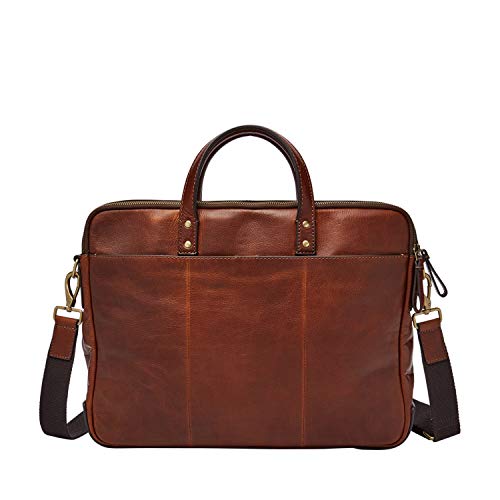 Fossil Men's Haskell Leather Double Zip Briefcase Messenger Laptop Bag, Cognac , (Model: MBG9342222)