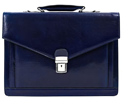 Time Resistance Leather Briefcase for Men Handmade Italian Laptop Bag Classy Blue Attache Case