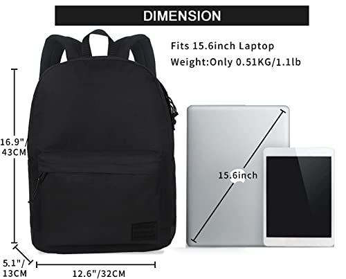 SUPACOOL Lightweight Casual Laptop Backpack with USB Charging Port For for Men and Women, School Bookbag for College (Full Black)