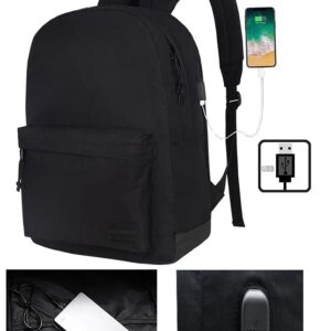 SUPACOOL Lightweight Casual Laptop Backpack with USB Charging Port For for Men and Women, School Bookbag for College (Full Black)