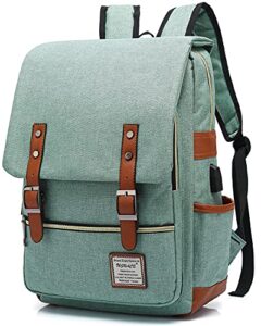 ugrace vintage laptop backpack with usb charging port, elegant water resistant travelling backpack casual daypacks school shoulder bag for men women, fits up to 15.6inch laptop in green