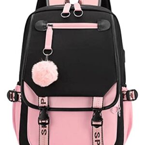 JiaYou Teenage Girls' Backpack Middle School Students Bookbag Outdoor Daypack with USB Charge Port (21 Liters, Black Pink)