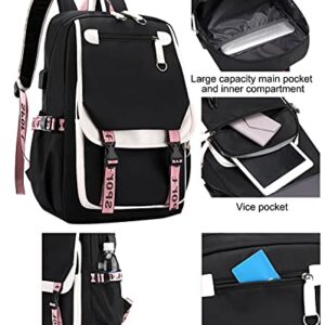 JiaYou Teenage Girls' Backpack Middle School Students Bookbag Outdoor Daypack with USB Charge Port (21 Liters, Black Pink)