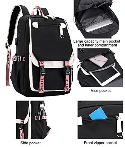 JiaYou Teenage Girls' Backpack Middle School Students Bookbag Outdoor Daypack with USB Charge Port (21 Liters, Black Pink)