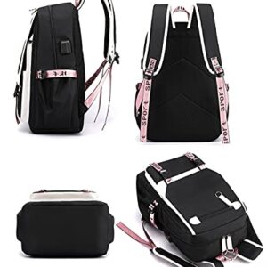 JiaYou Teenage Girls' Backpack Middle School Students Bookbag Outdoor Daypack with USB Charge Port (21 Liters, Black Pink)