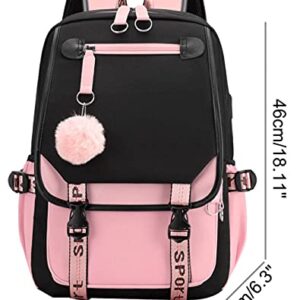 JiaYou Teenage Girls' Backpack Middle School Students Bookbag Outdoor Daypack with USB Charge Port (21 Liters, Black Pink)