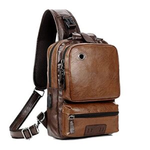 small brown sling crossbody backpack shoulder bag for men women vintage pu leather crossbody one strap casual sling backpack cycling usb charger