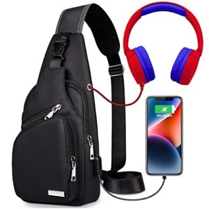 redaica sling bag crossbody backpack for women men chest bag hiking bag with usb charging port for walking camping biking travel sports running cycling, black