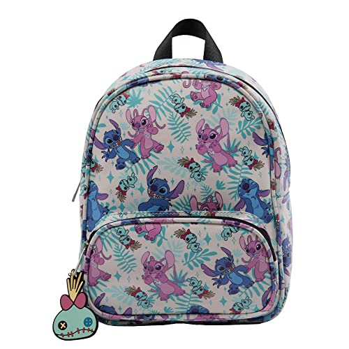 Disney Stitch & Angel Mini Backpack with Allover Print & Molded Scrump Dangle, 10.5 Inches, Adjustable Straps, Faux Leather