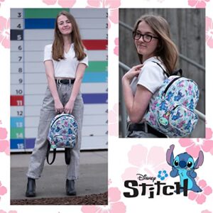 Disney Stitch & Angel Mini Backpack with Allover Print & Molded Scrump Dangle, 10.5 Inches, Adjustable Straps, Faux Leather