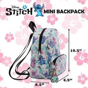 Disney Stitch & Angel Mini Backpack with Allover Print & Molded Scrump Dangle, 10.5 Inches, Adjustable Straps, Faux Leather