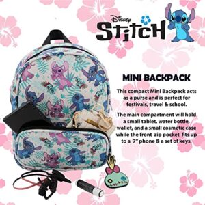 Disney Stitch & Angel Mini Backpack with Allover Print & Molded Scrump Dangle, 10.5 Inches, Adjustable Straps, Faux Leather