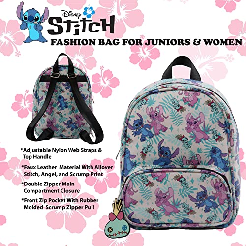 Disney Stitch & Angel Mini Backpack with Allover Print & Molded Scrump Dangle, 10.5 Inches, Adjustable Straps, Faux Leather