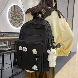 GAXOS Cute Aesthetic Backpacks for Teens Laptop Black Backpacks Middle School Bag Student Bear Pin Book Bags