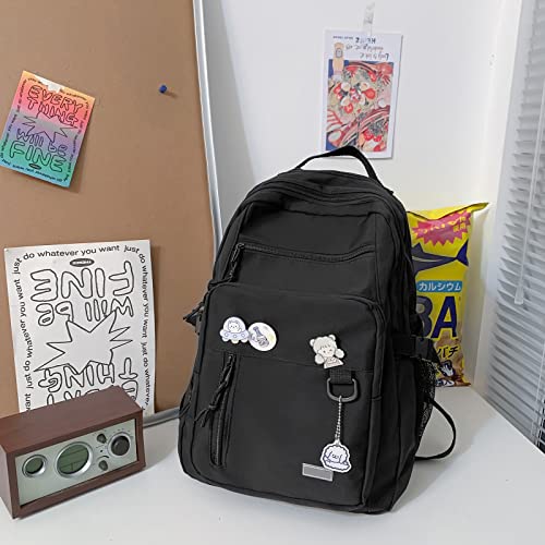 GAXOS Cute Aesthetic Backpacks for Teens Laptop Black Backpacks Middle School Bag Student Bear Pin Book Bags